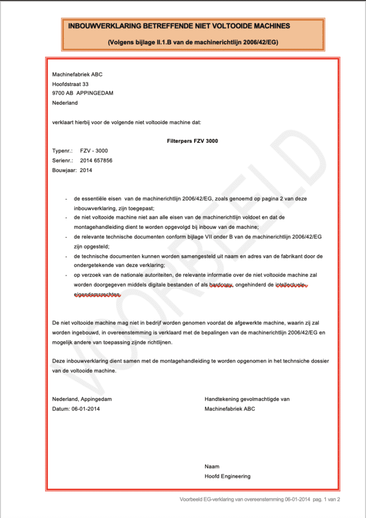 Inbouwverklaring voor machines II 1B verklaring voorbeeld – Webshop en ...